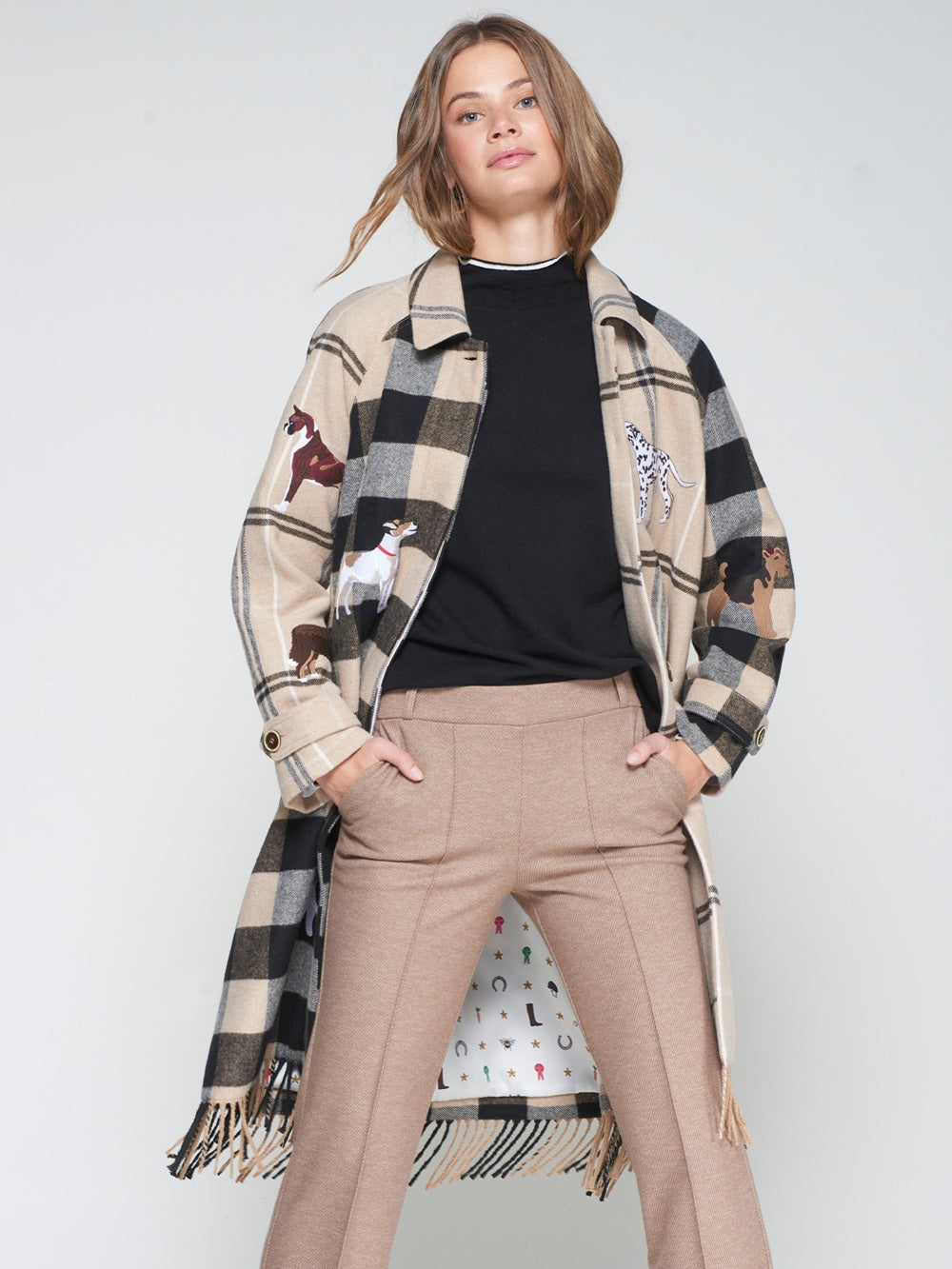 Vilagallo Berenice Camel Check Coat With Dog Embroidery – County Boutique